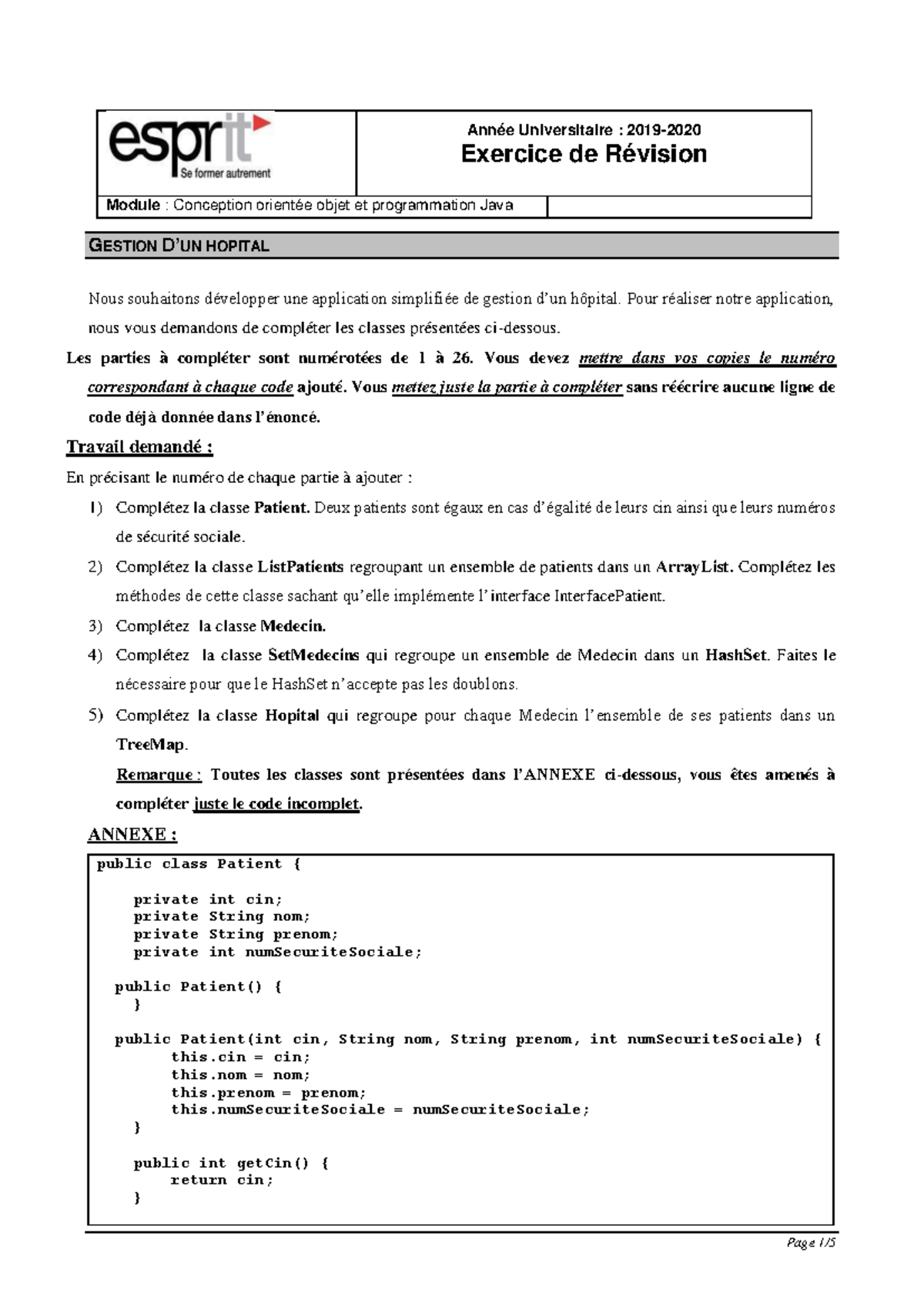 Révision - GESTION HOPITAL : Conception Orientée Objet en Java - Studocu