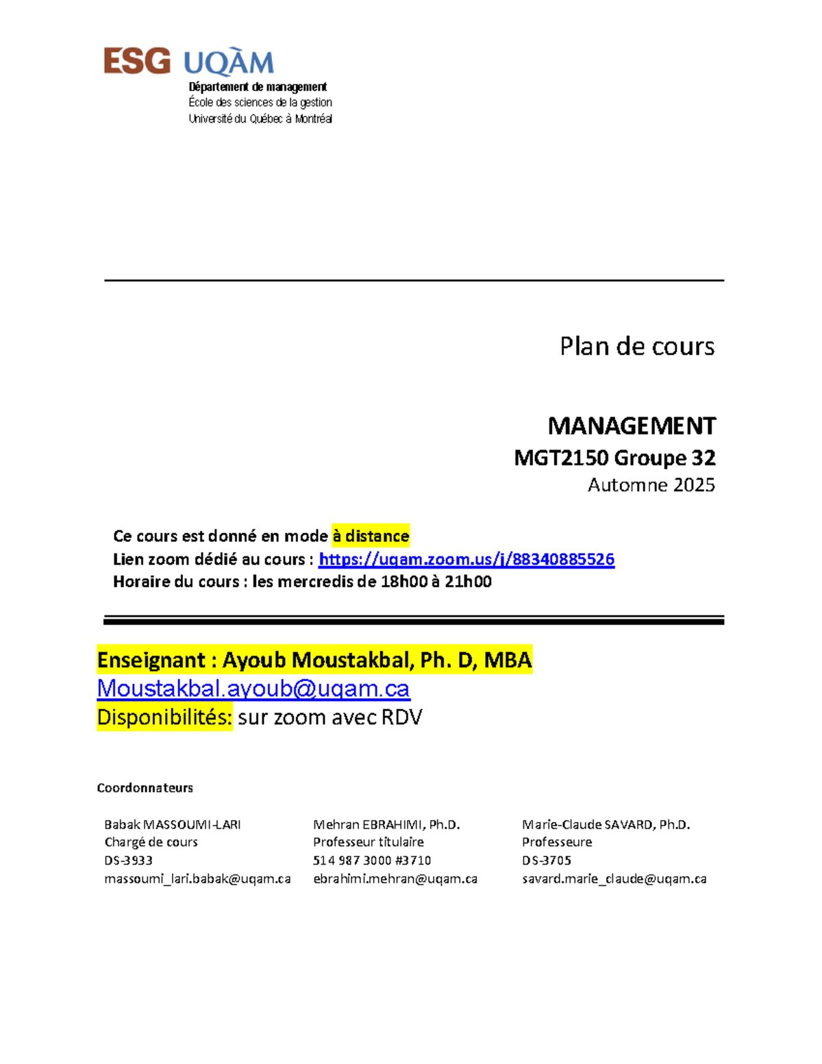 MGT2150 - Plan de Cours Management - Groupe 32 Automne 2025 - Studocu