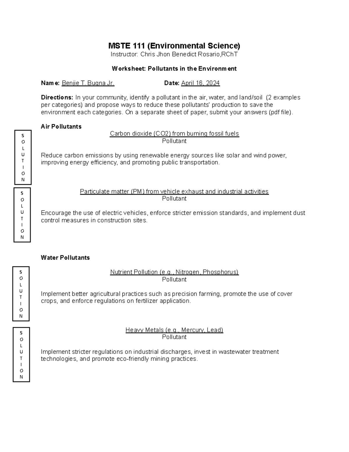 MSTE 111 Environmental Science Worksheet: Pollutants & Solutions - Studocu