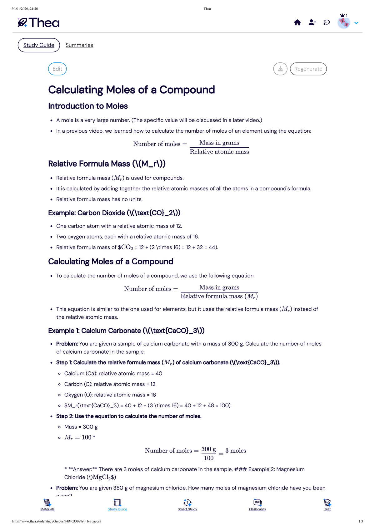21:20 Thea Study Guide: Calculating Moles of Compounds - Studocu