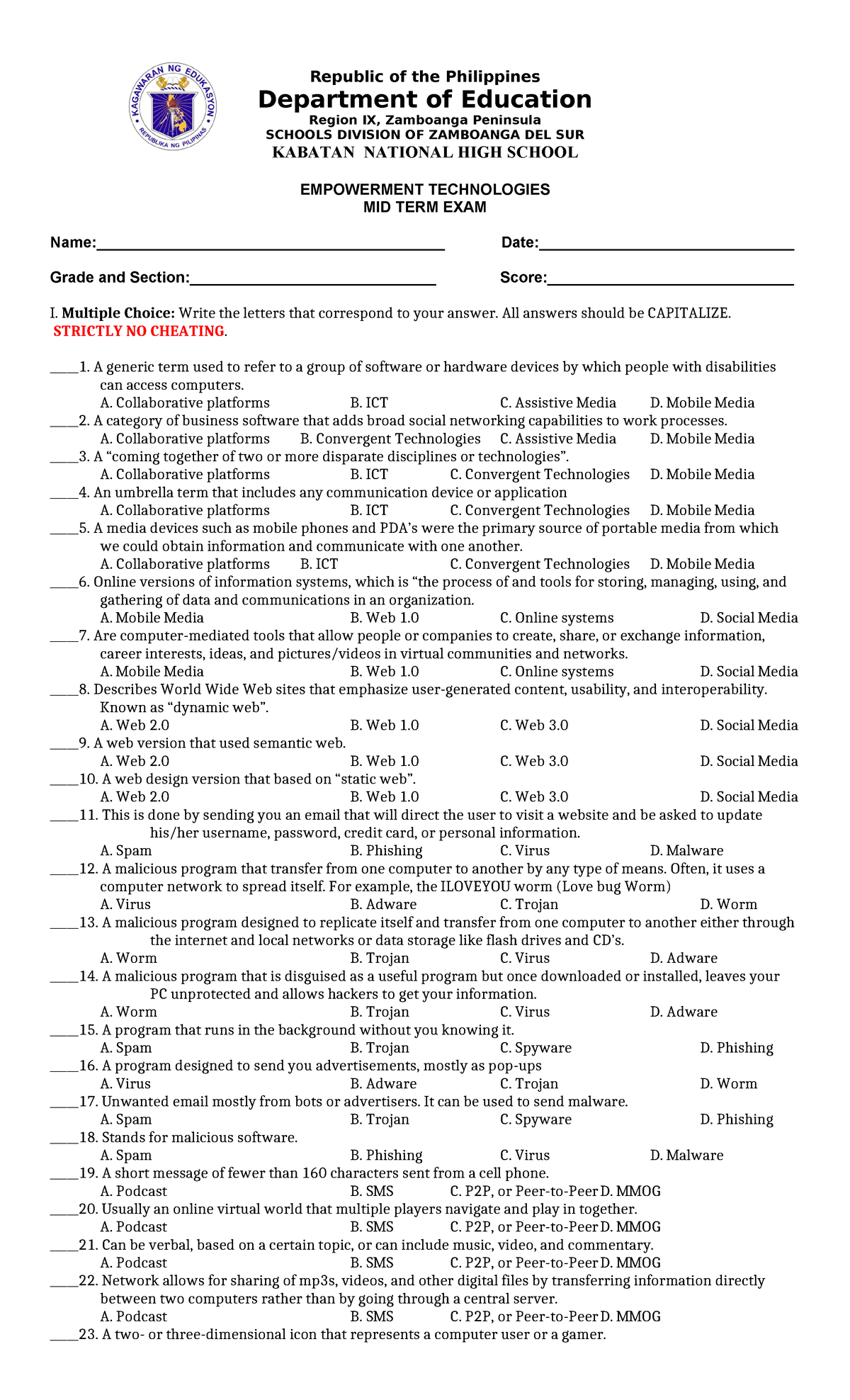 397418258 Empowerment Technologies Midterm Exam Questions and Answers - Studocu