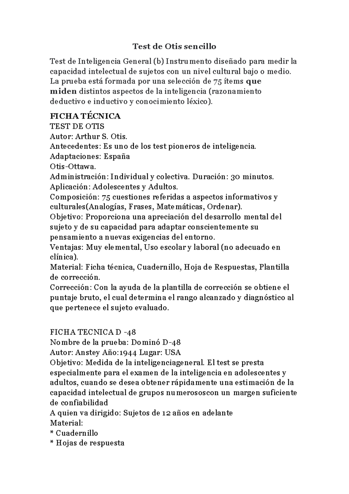 Investigacion - Apuntes 1 - Test de Otis sencillo Test de Inteligencia ...