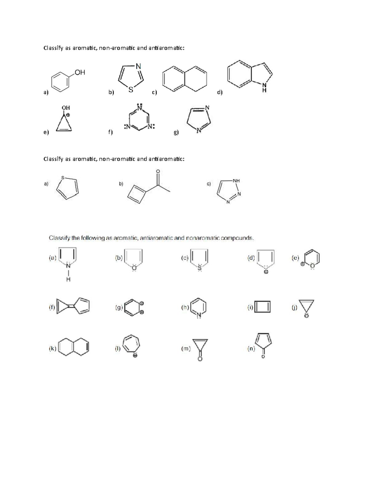 Aromatic worksheet - practice problems - CHEM 2410 - Classify as ...