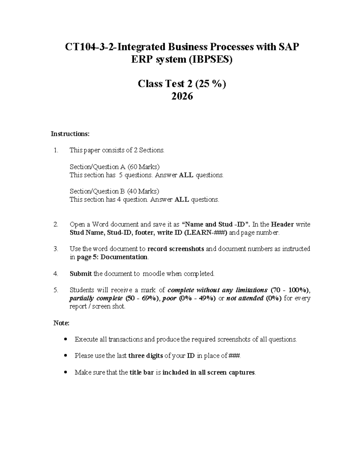 Business Processes with SAP ERP System (IBPSES) Class Test 2 Guide ...