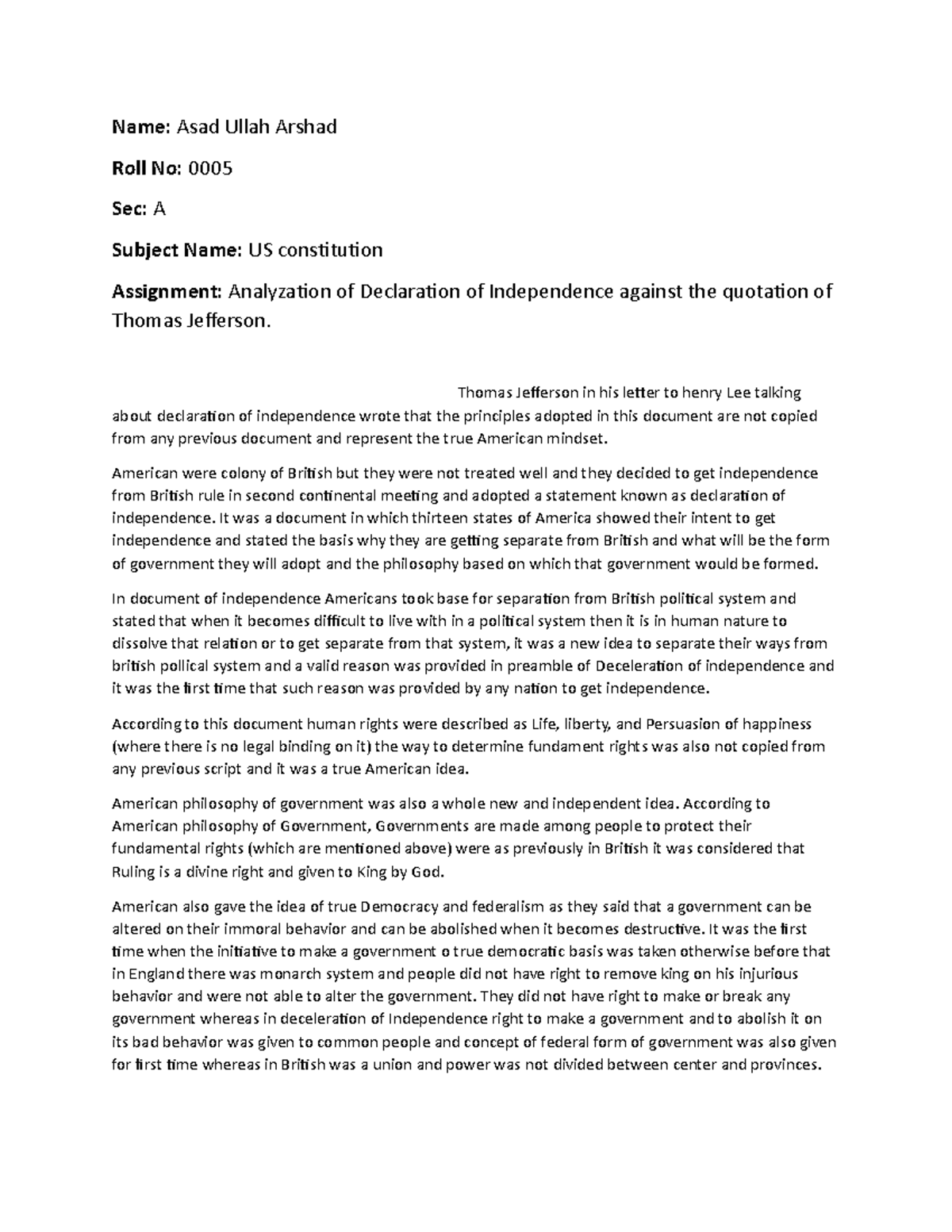 US Constitution Assignment: Analyzing the Declaration of Independence ...