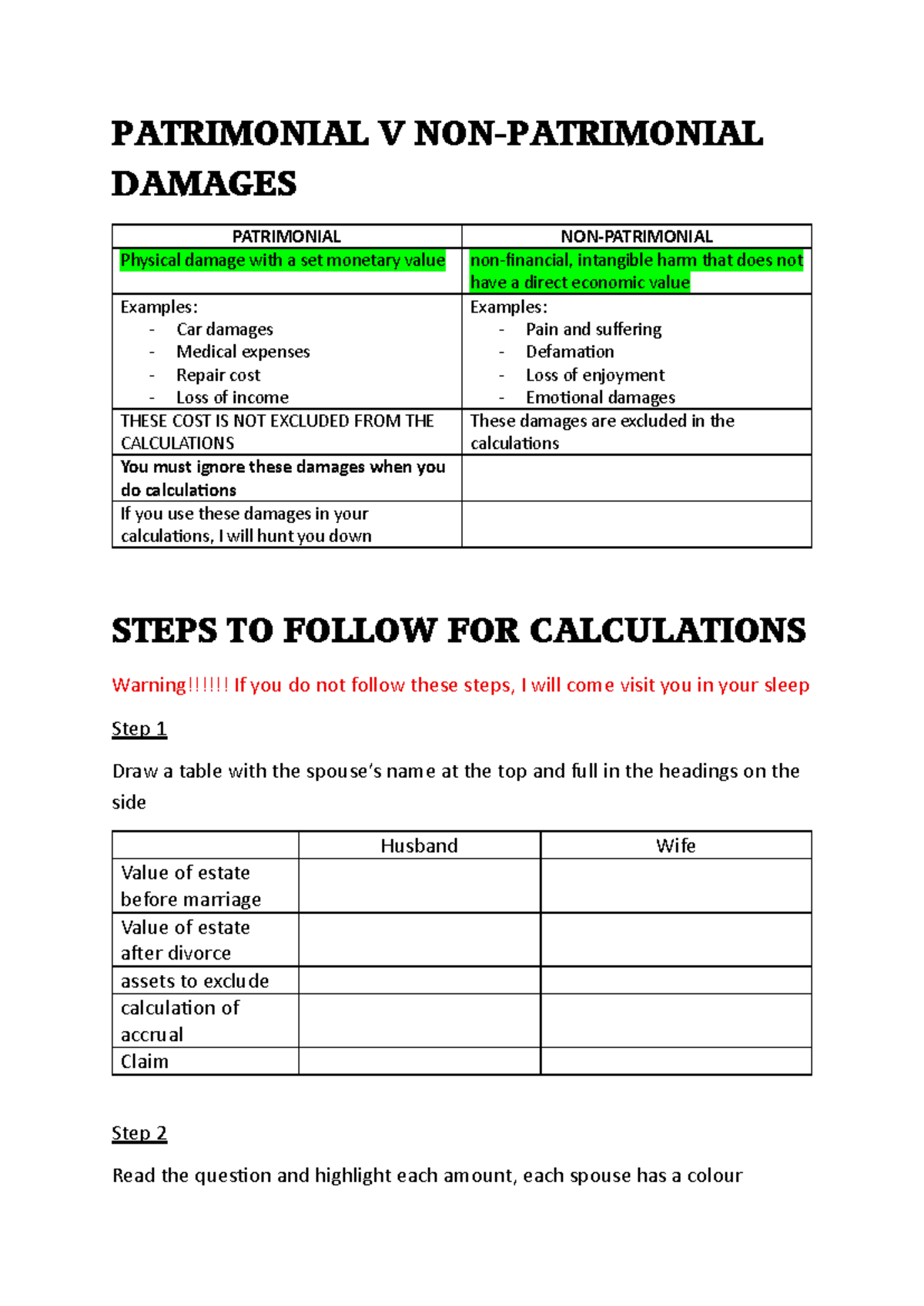 PATRIMONIAL V DAMAGES: Calculation Steps & Examples - Studocu