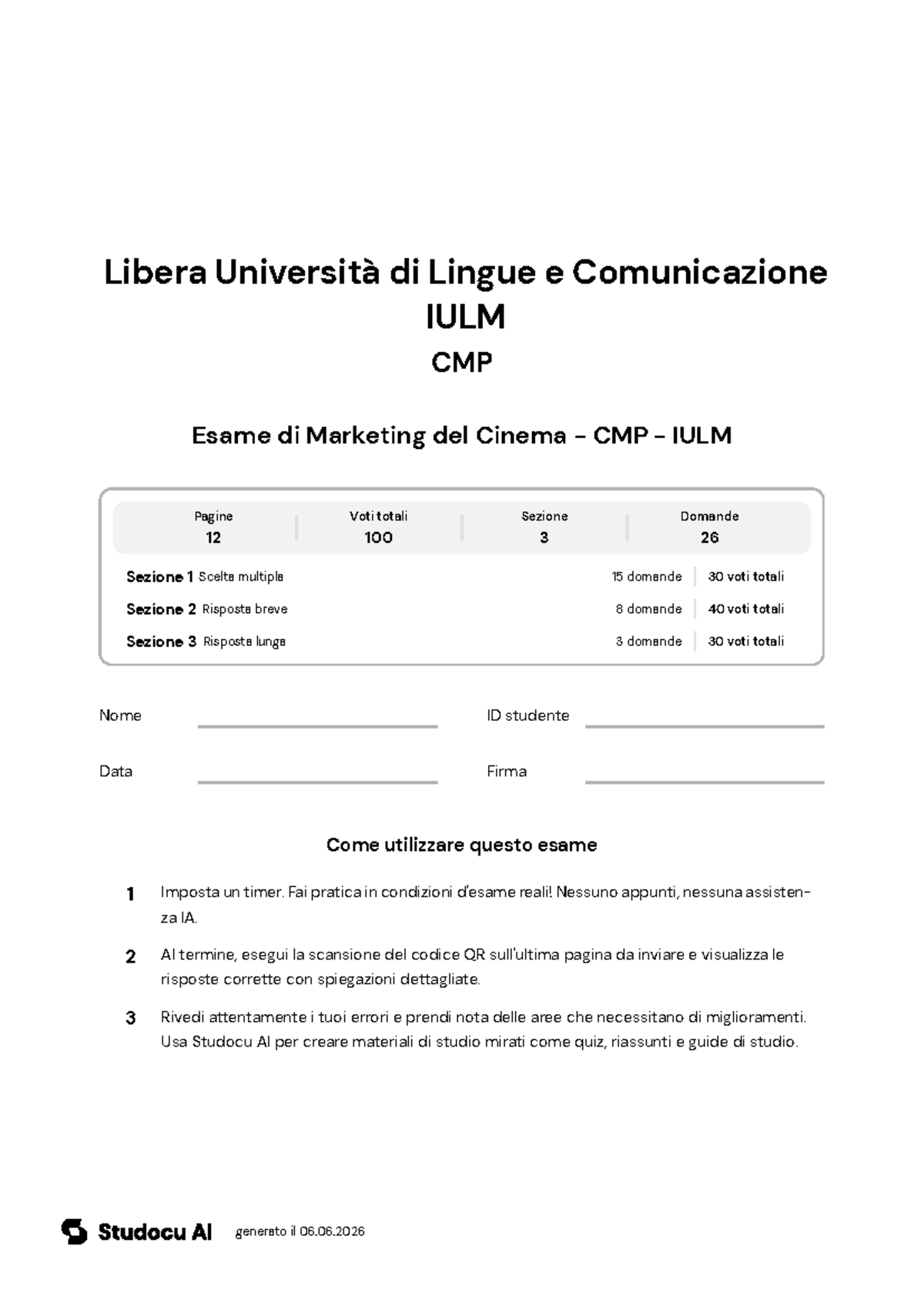 Esame Finale di Marketing del Cinema - CMP - IULM - Studocu