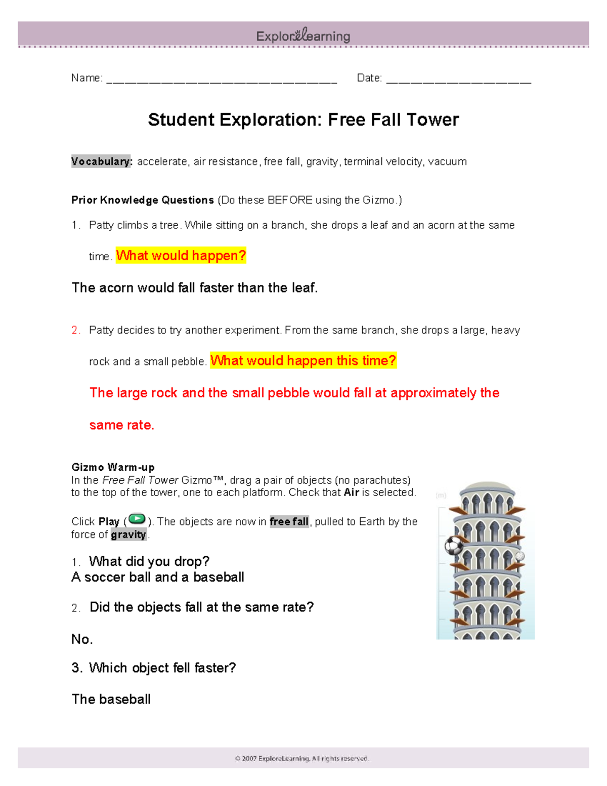 Free Fall Tower Gizmo Assignment - Exploring Gravity & Motion - Studocu