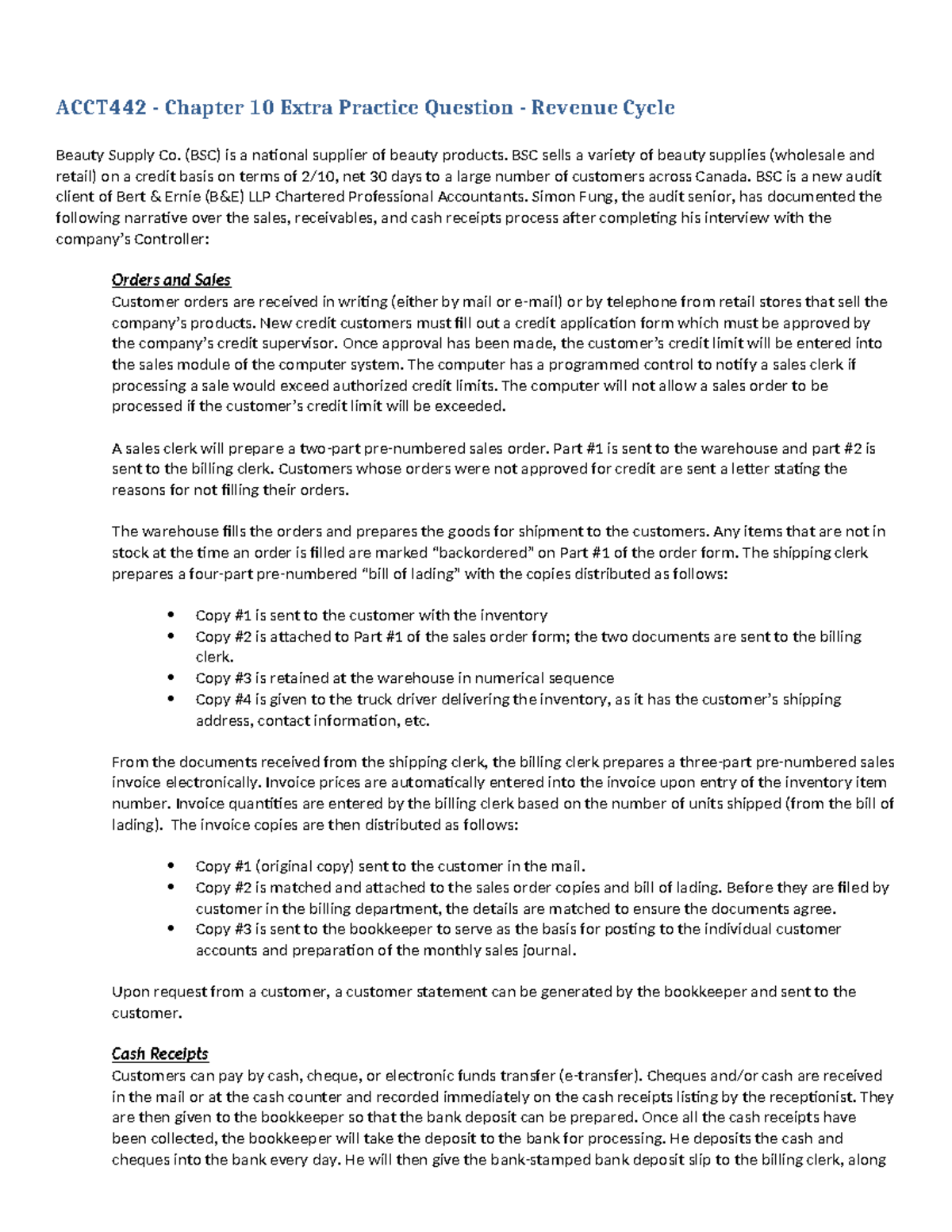 ACCT442 - Ch 10 - Extra Practice Questions on Revenue Cycle Controls - Studocu
