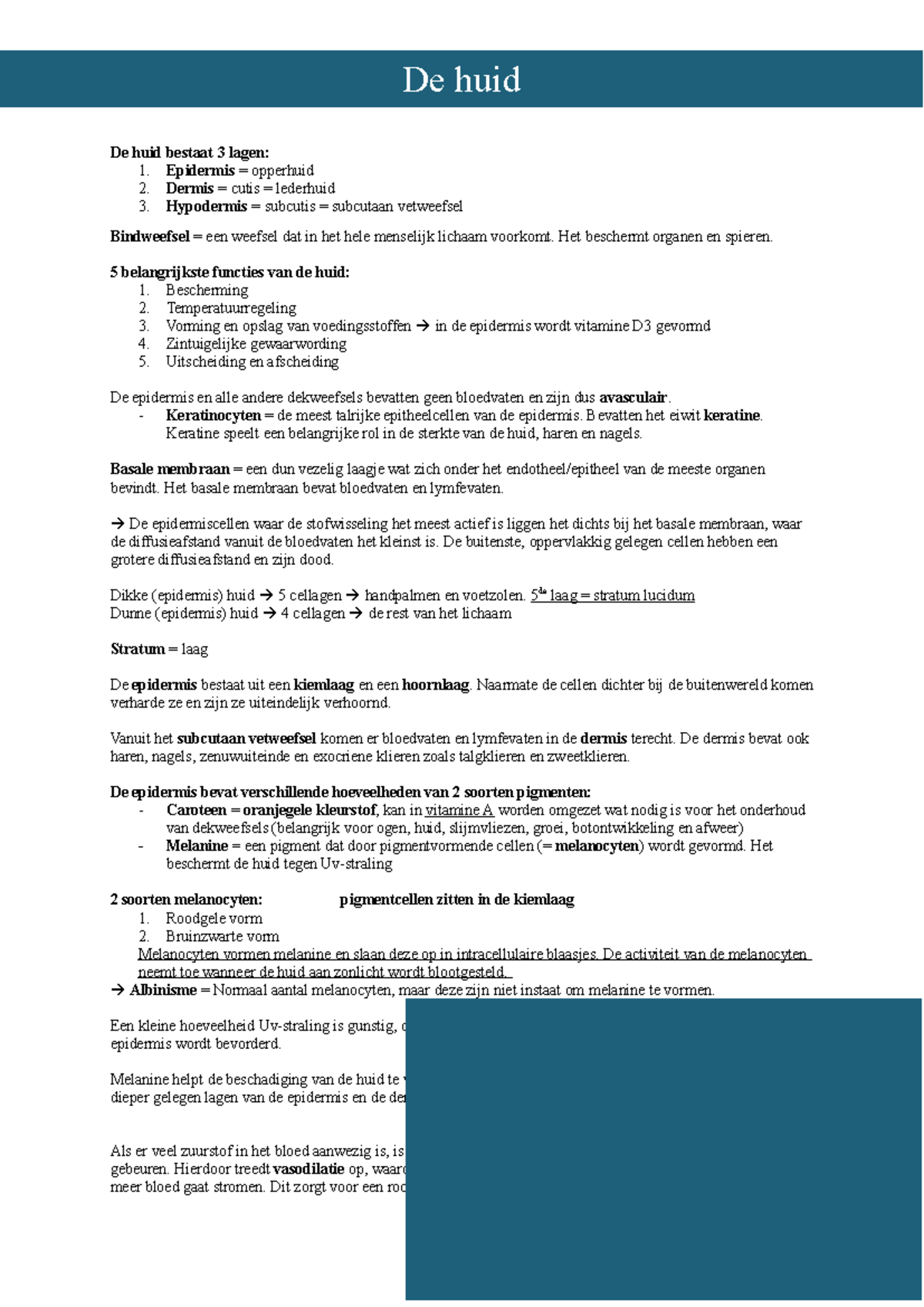 H5 Anatomie en Fysiologie van de Huid: Functies en Structuur - Studeersnel