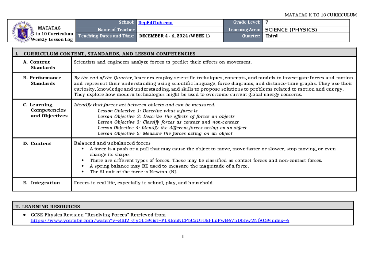 DLL Matatag Science 7 Q3 W1: Exploring Forces and Motion in Physics ...