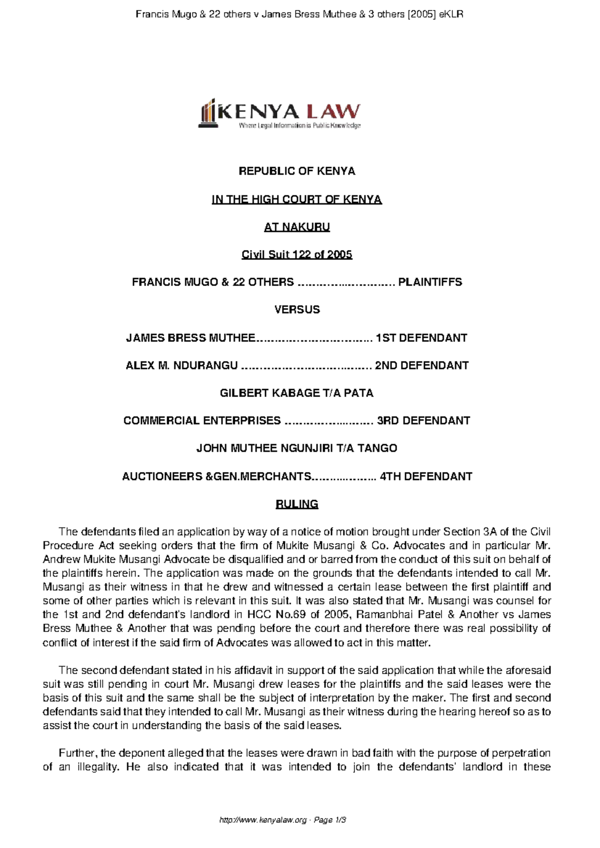 Francis Mugo & 22 Others v. James Bress Muthee & 3 Others: Case Summary - Studocu