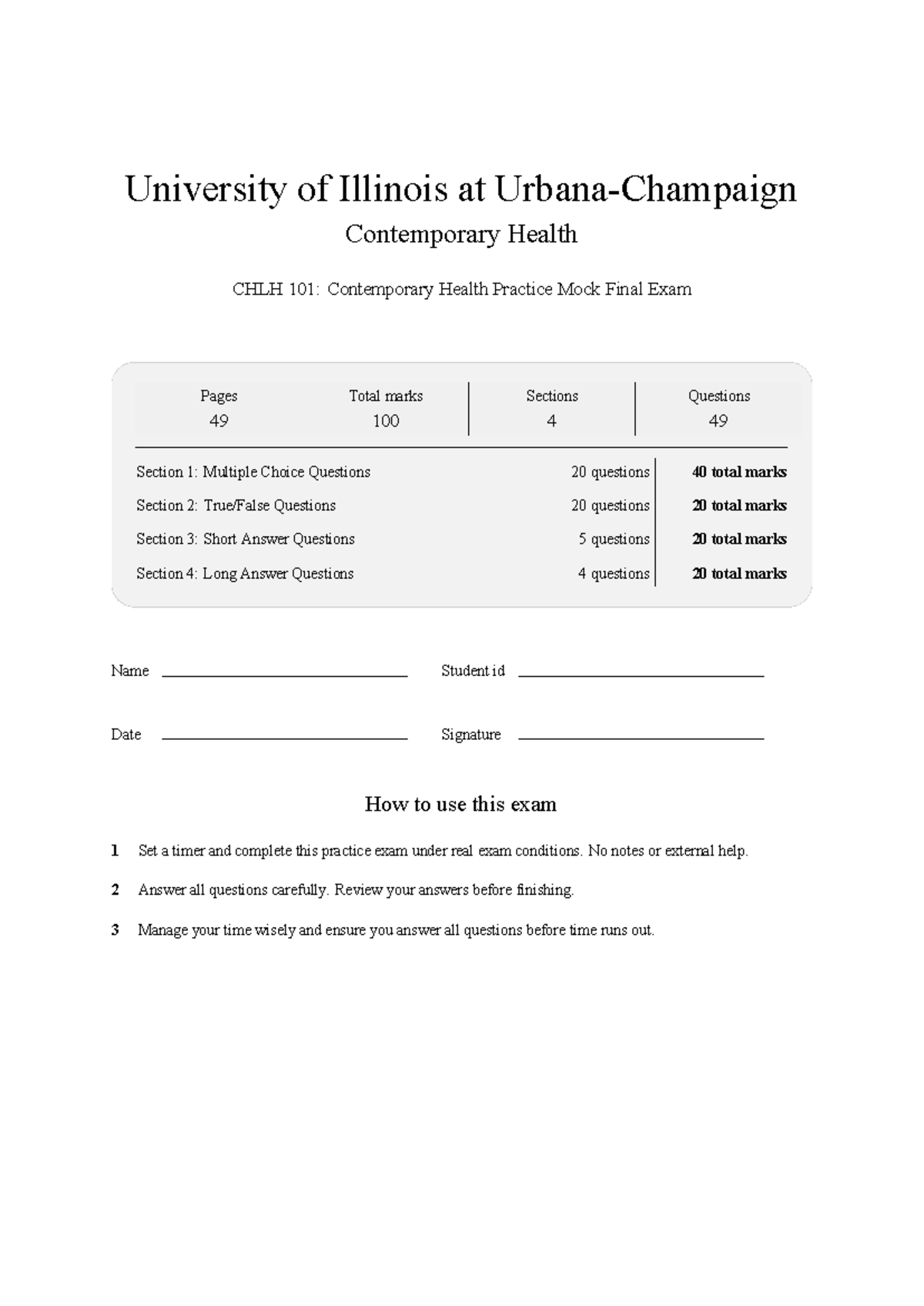 CHLH 101: Contemporary Health Practice Mock Final Exam 2026 - Studocu