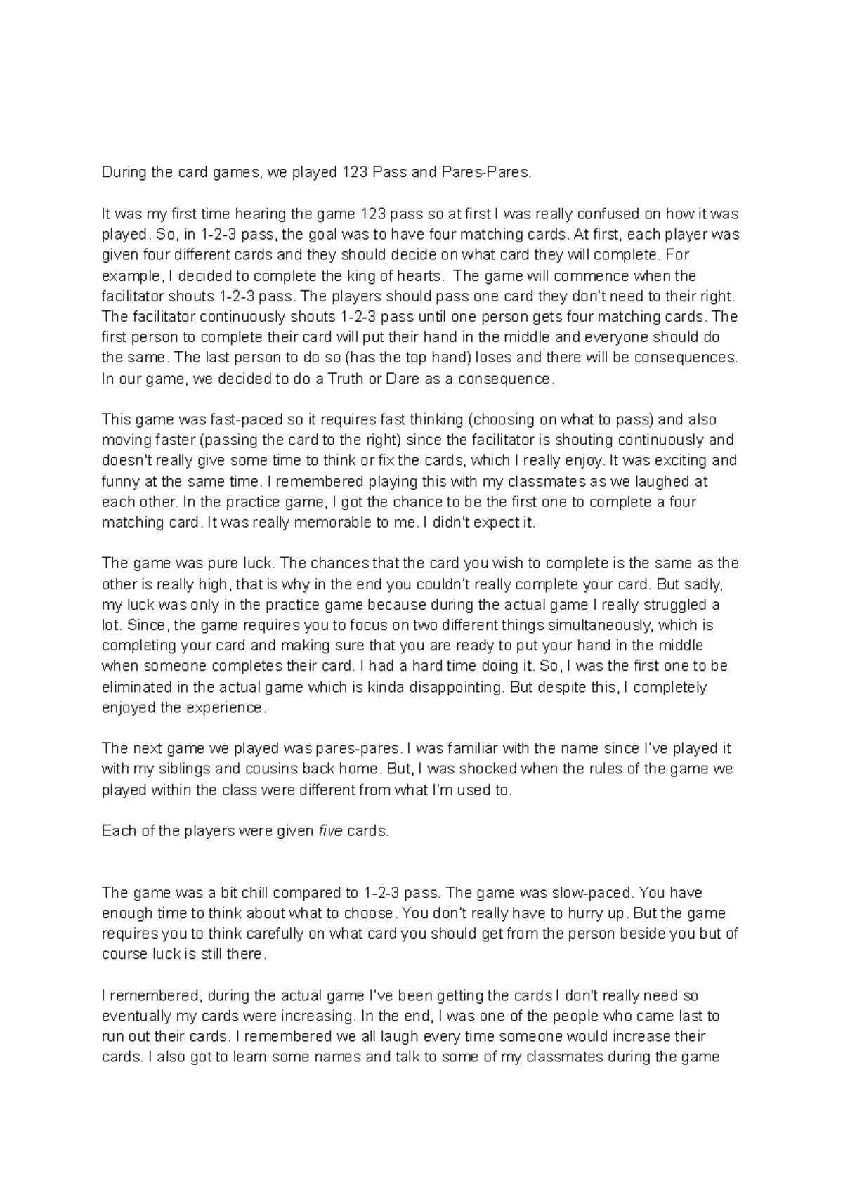 Card Games & Board Games Experience Reflection for PE Class - Studocu