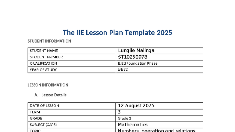IIE Lesson Plan Template: Grade 2 Mathematics (BEF2) on Patterns - Studocu