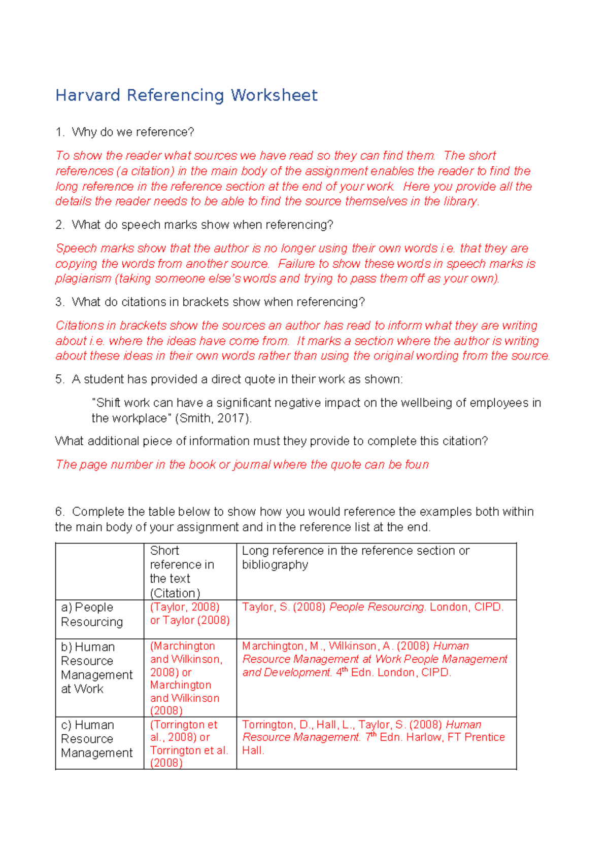 Harvard Referencing Worksheet answers - Harvard Referencing Worksheet 1 ...