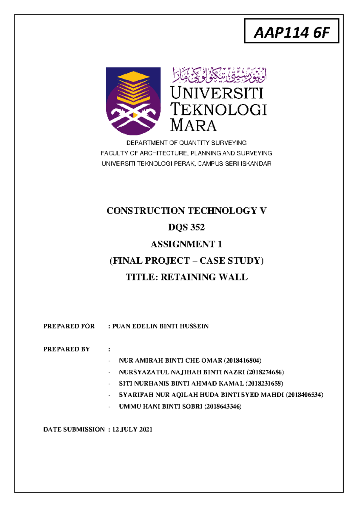 Final Project - Case Study Report: Retaining Wall AAP114 6F - Studocu