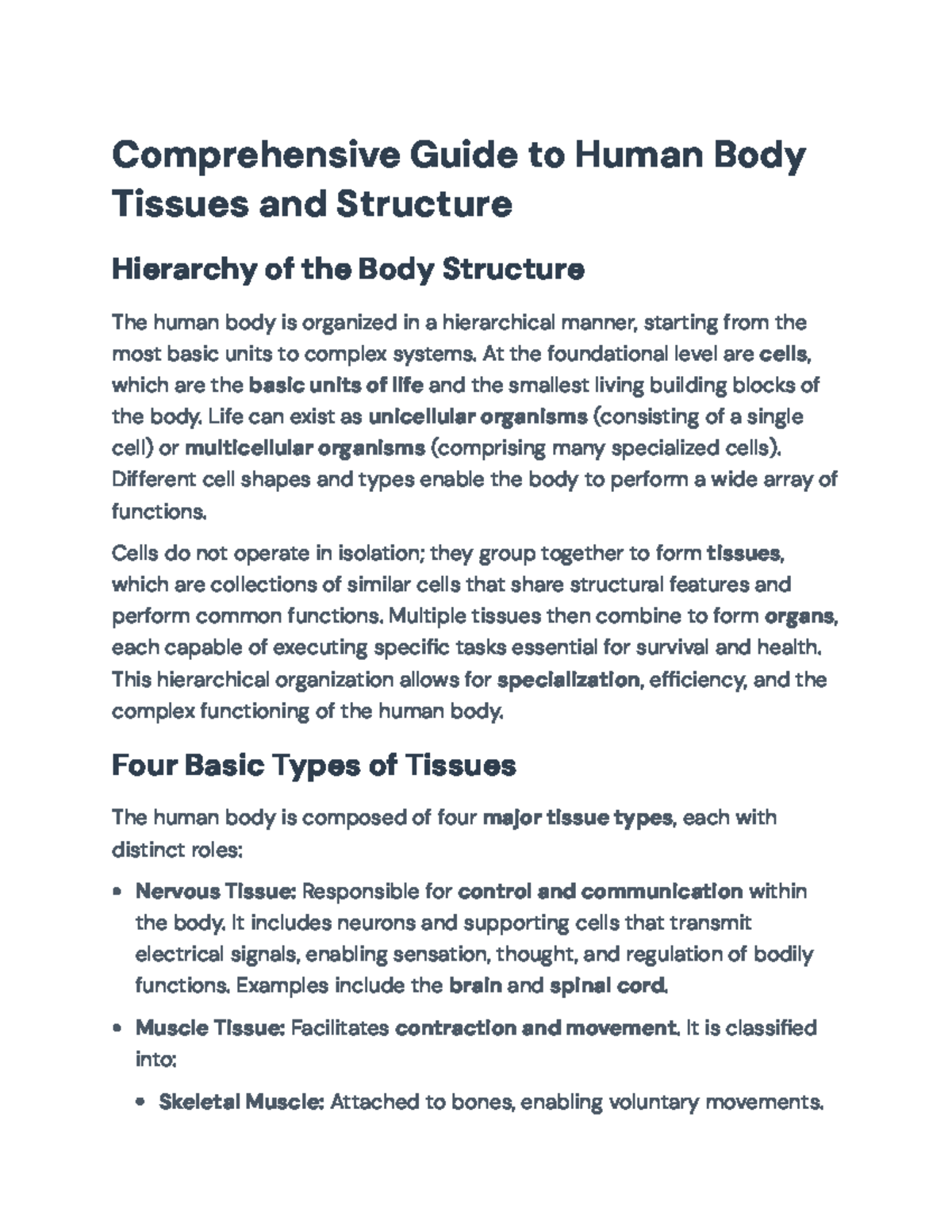 Comprehensive Guide to Human Body Tissues and Structure (BIO 101) - Studocu