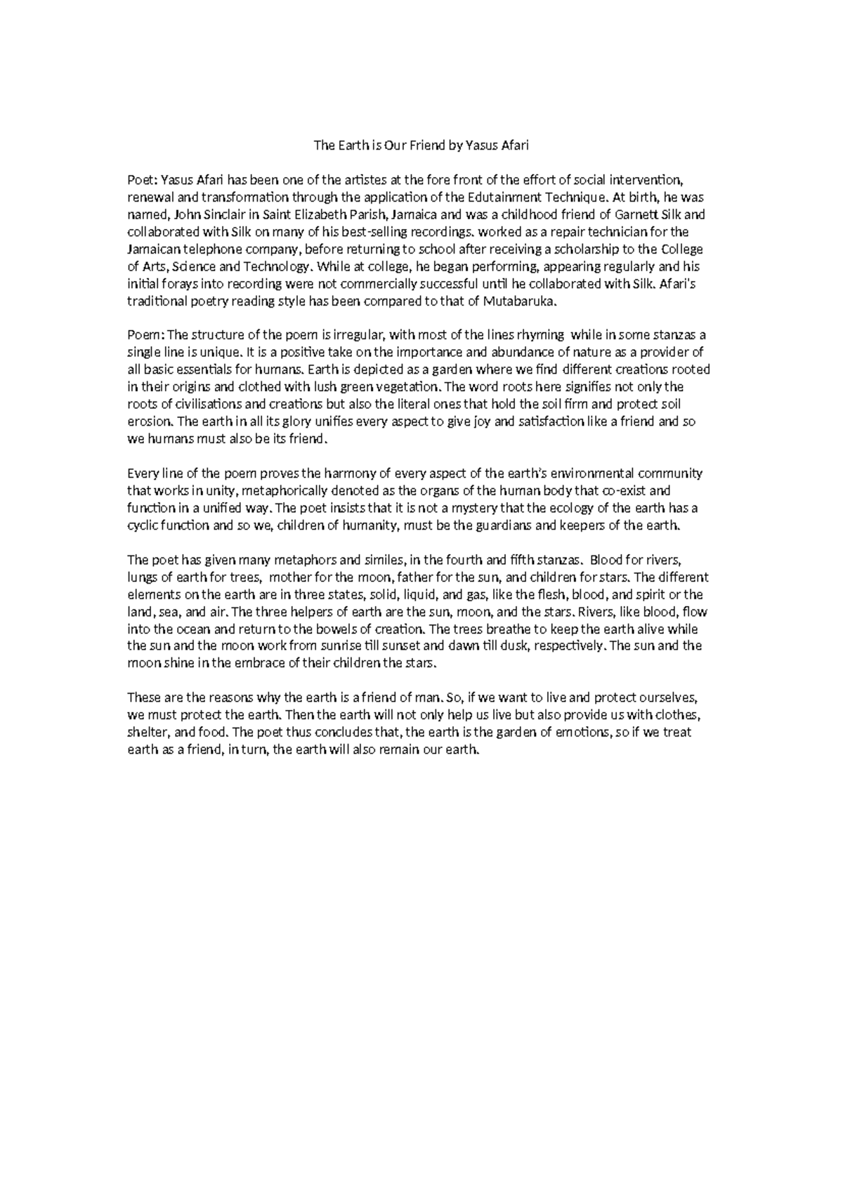 Analysis of "The Earth is Our Friend" by Yasus Afari: Themes ...