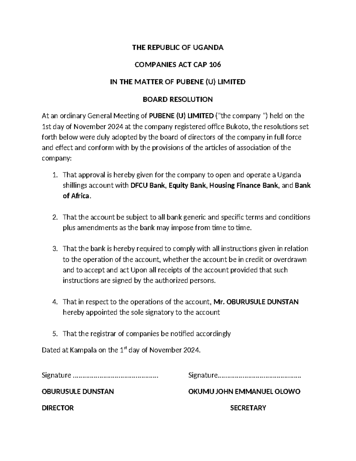 Board Resolution for PUBENE (U) Limited - November 2024 - Studocu