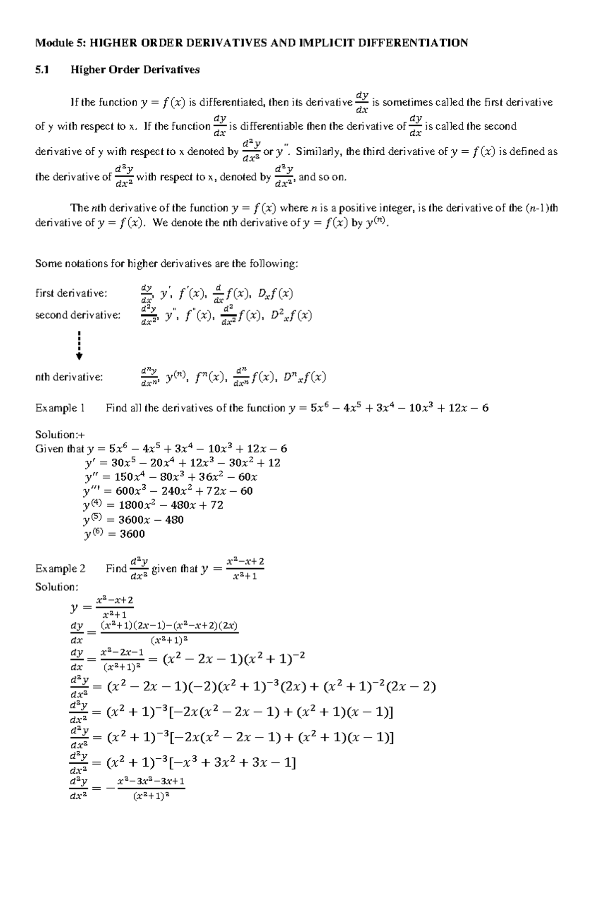 Module 5: Higher Order Derivatives & Implicit Differentiation - Studocu