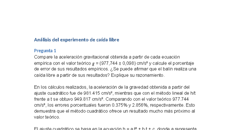 Análisis del Experimento de Caída Libre: Comparación de Resultados Empíricos y - Studocu