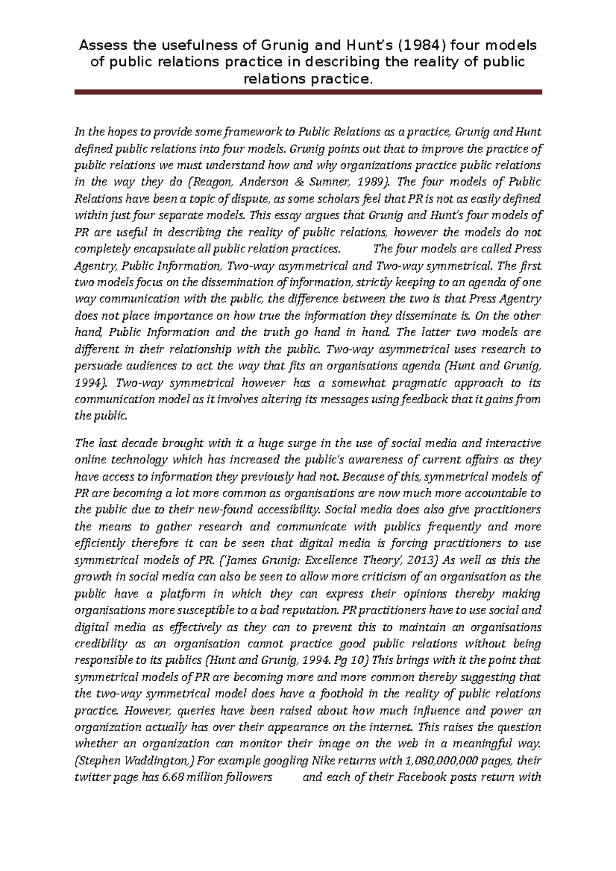 Assessing Grunig and Hunt’s (1984) Models of PR in Today's Practice ...