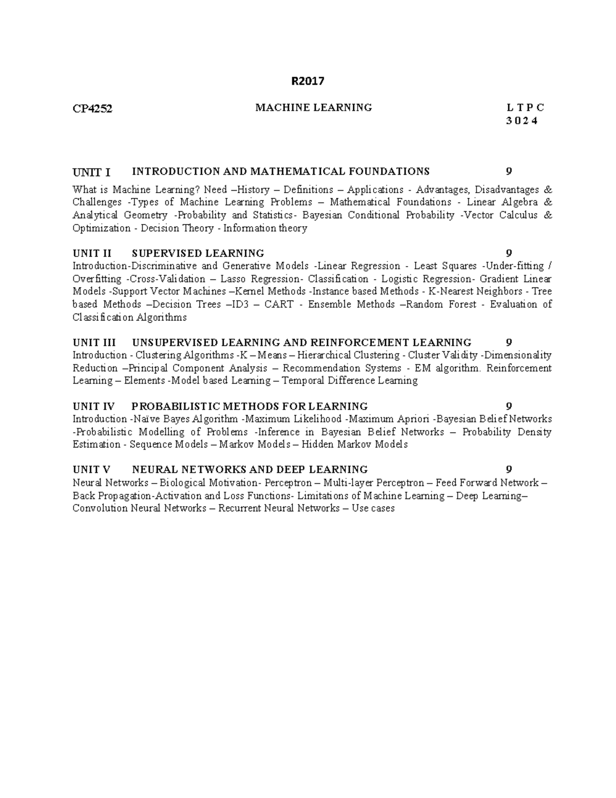 CP4252 Machine Learning: Comprehensive Notes on All Units - Studocu