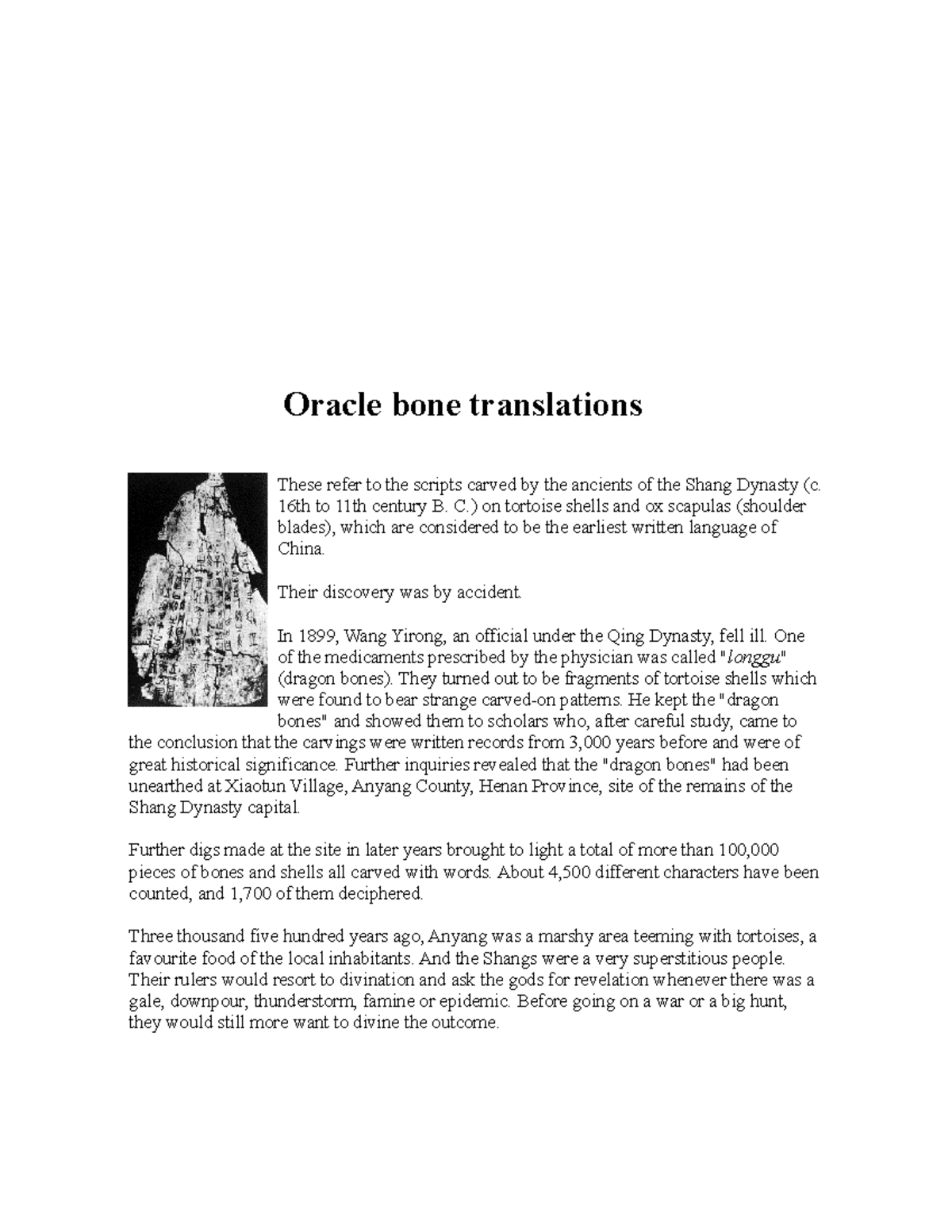 Oracle Bones in Ancient China: Translations & Cultural Insights - Studocu