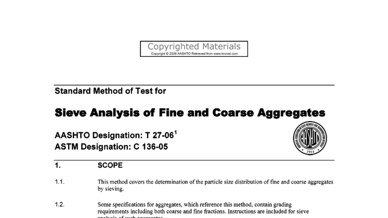 Sieve Analysis of Fine and Coarse Aggregates: AASHTO T 27 - Studocu