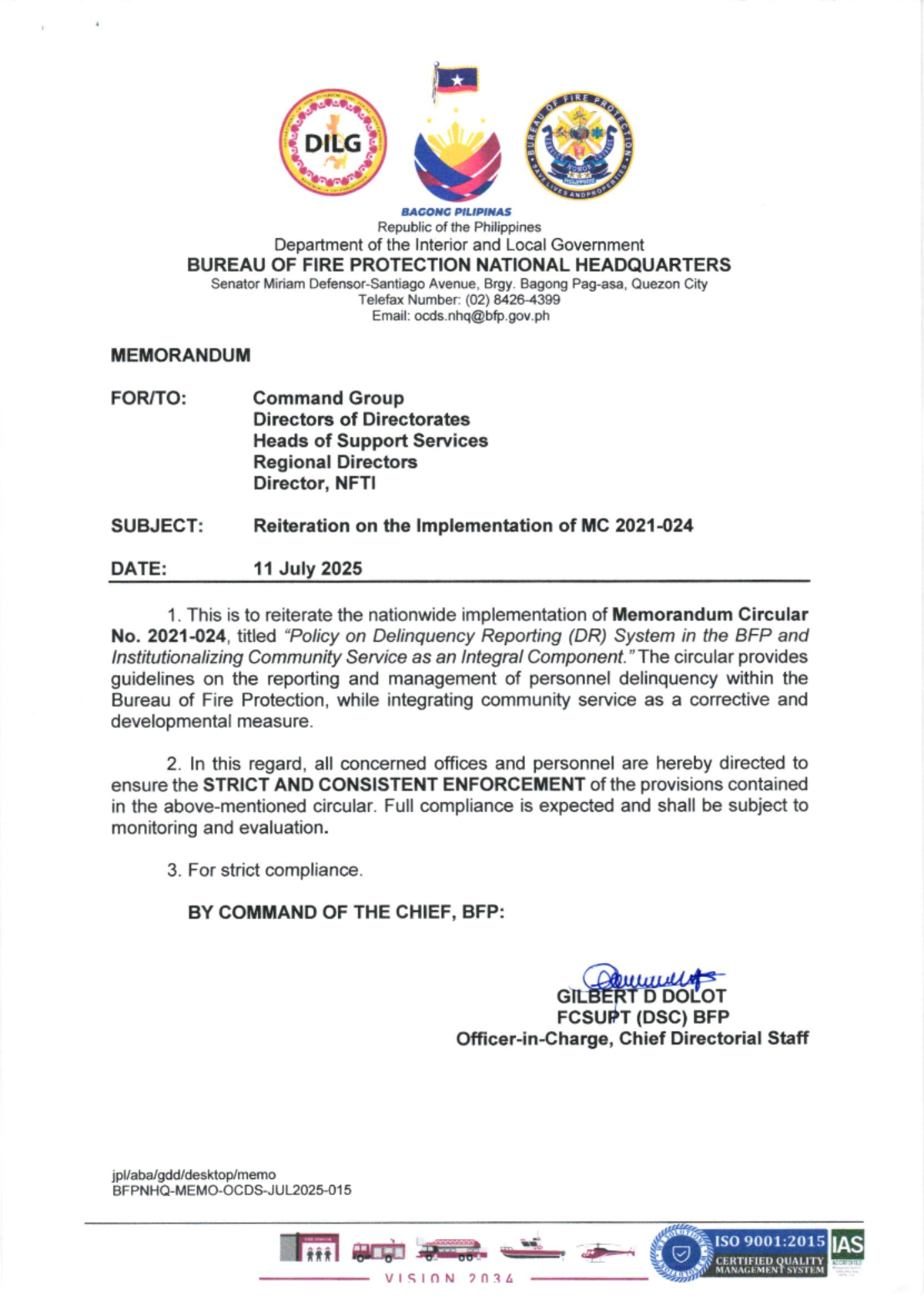 MC 2021-024: Implementation of Delinquency Reporting System in BFP ...