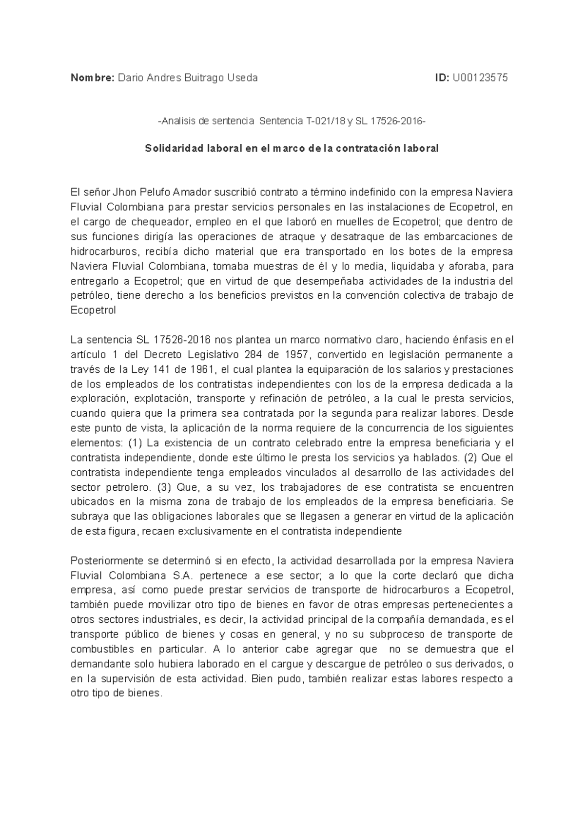 -Analisis de sentencia Sentencia T-021 18 y SL 17526-2016 - Nombre ...