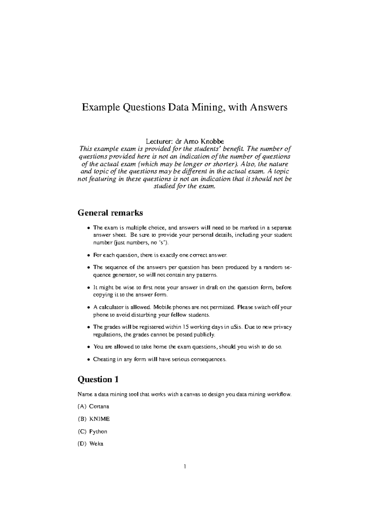 Data Mining Example Exam Q&A (Course Code: DM101) - Studocu