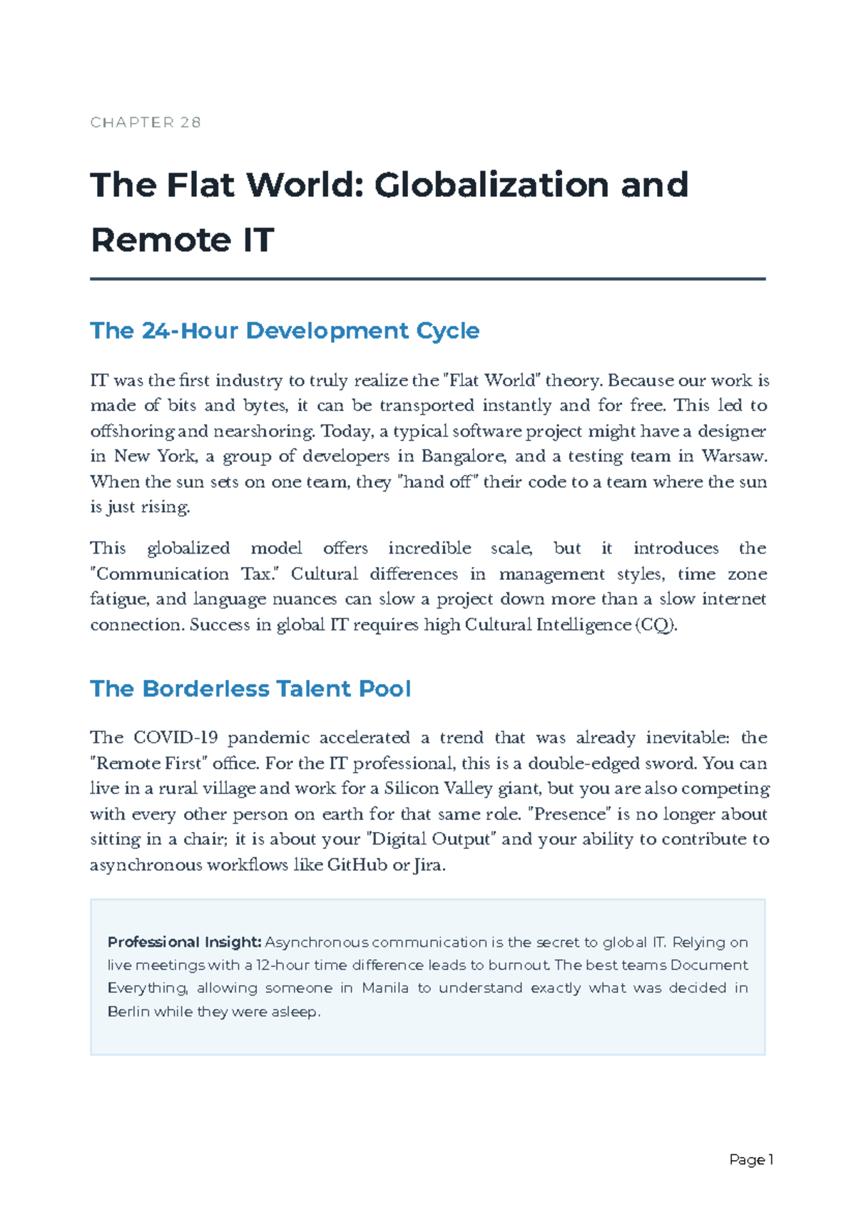 Chapter 28: The Flat World - Globalization and Remote IT Insights - Studocu