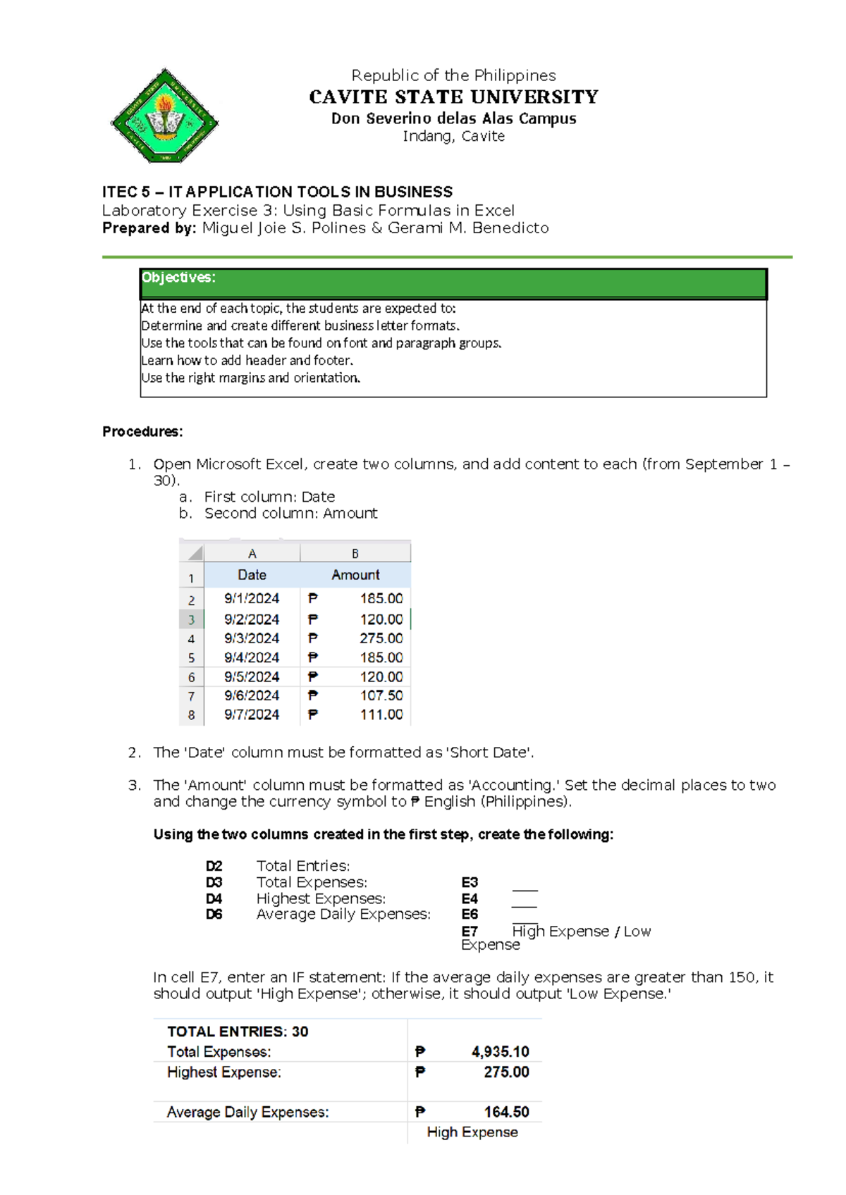 ITEC 5 Lab Exercise 3: Basic Excel Formulas for Business - Studocu