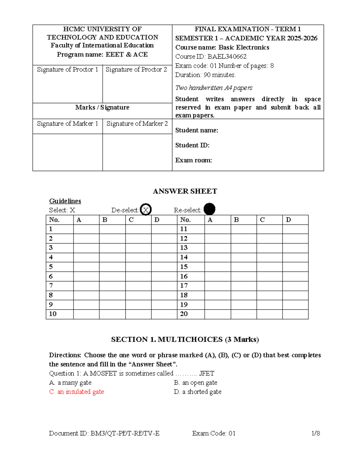 BAEL340662 Final Exam - Basic Electronics - Term 1 Semester 1 - Studocu