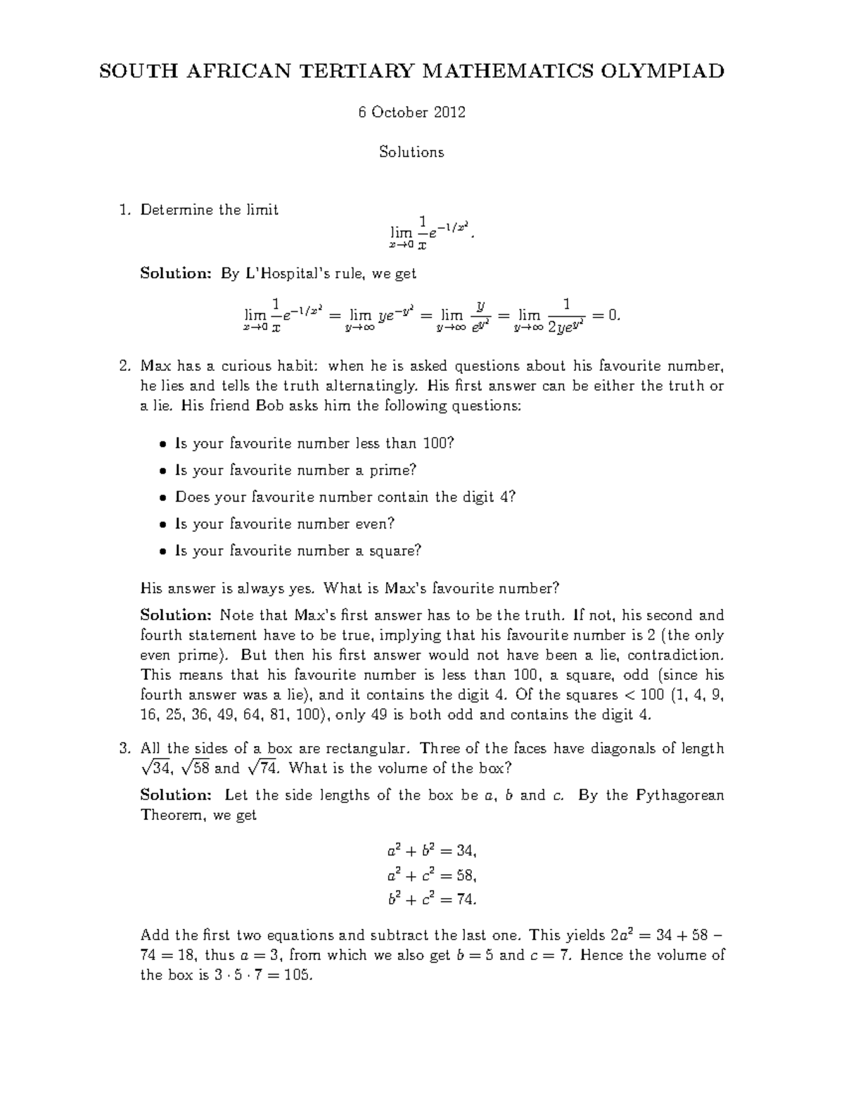 Complete Solutions 2012 - SOUTH AFRICAN TERTIARY MATHEMATICS OLYMPIAD 6 ...