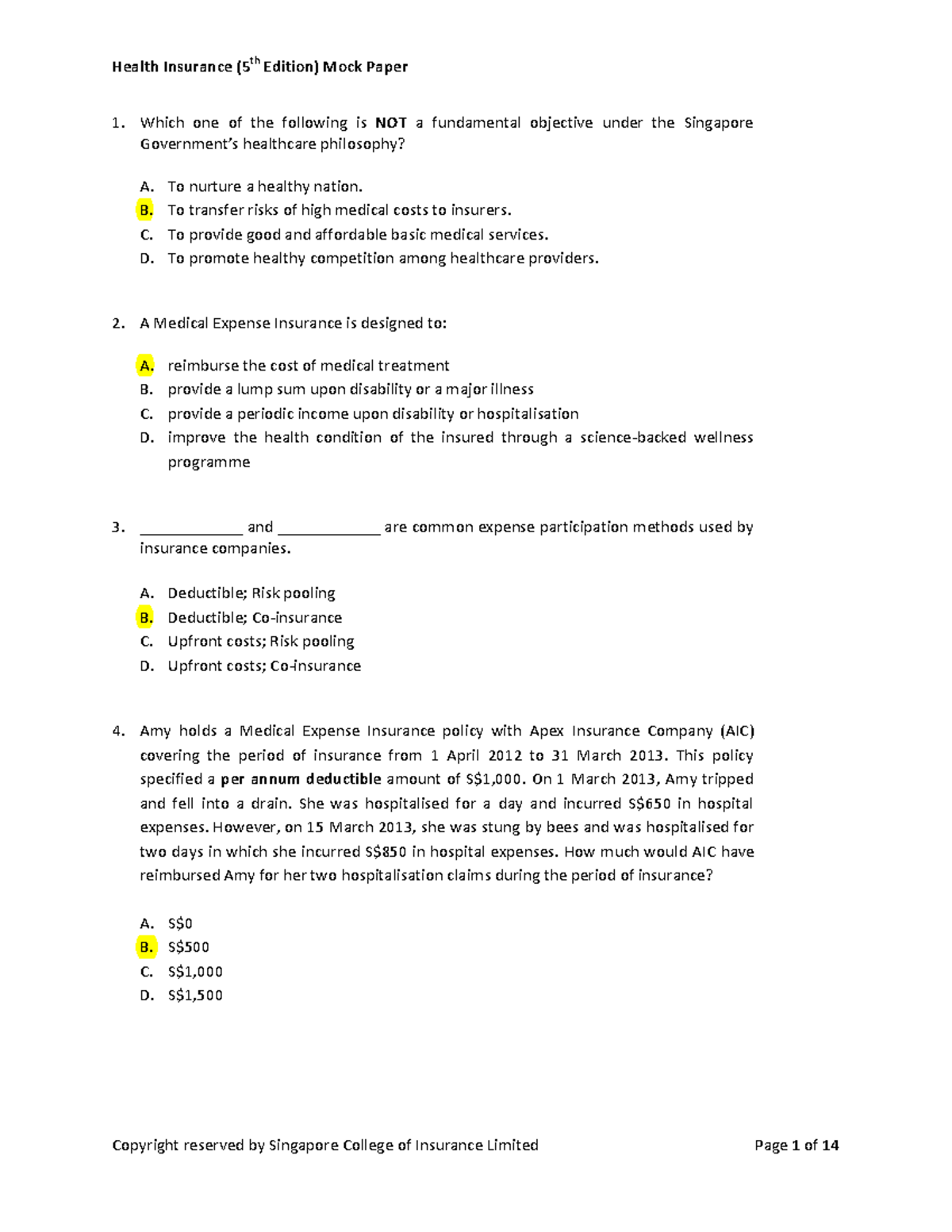 Healthcare Insurance Study Guide (Mock Paper) - Quiz & Answers - Studocu