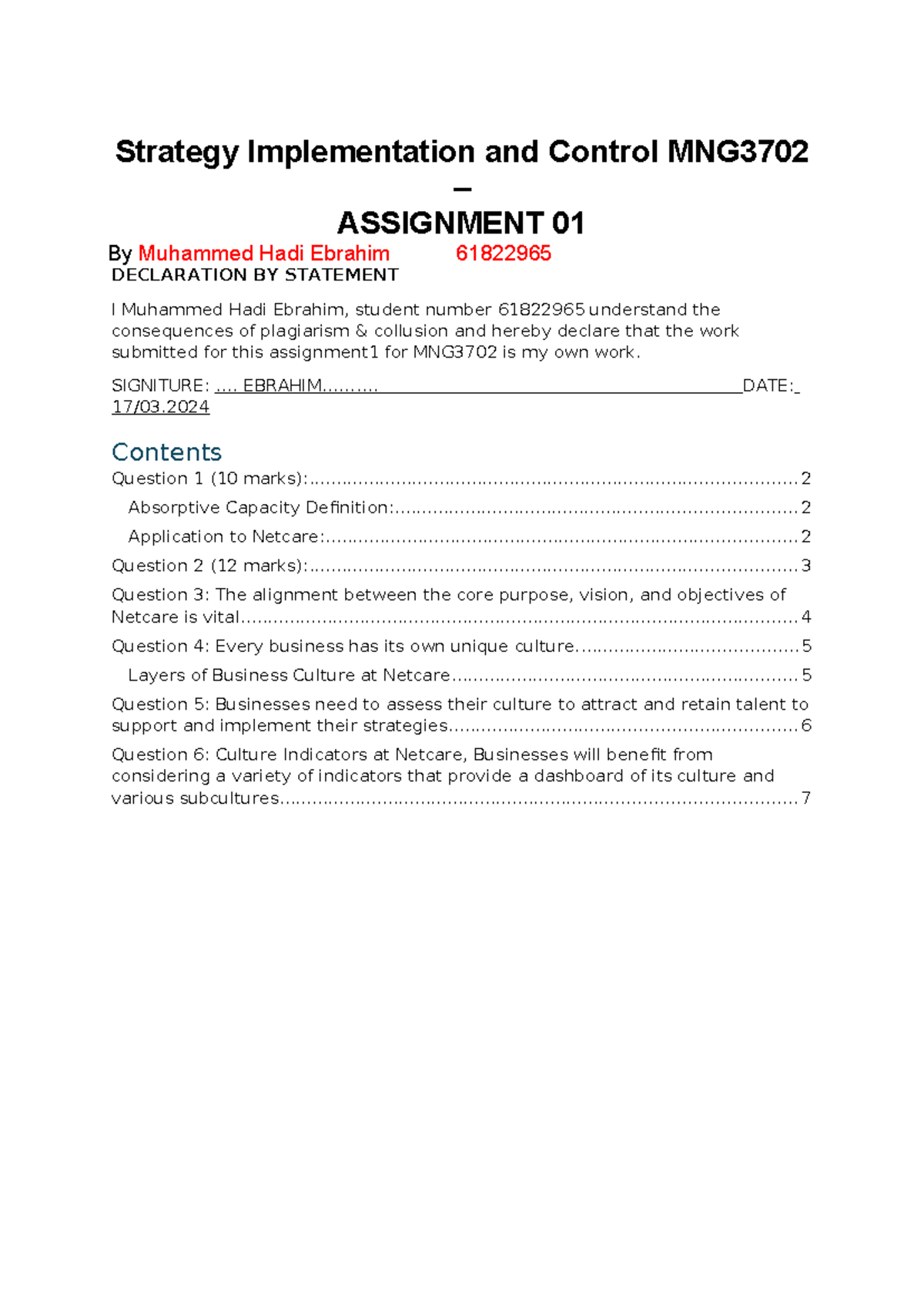 Strategy Implementation and Control MNG3702 - Strategy Implementation ...