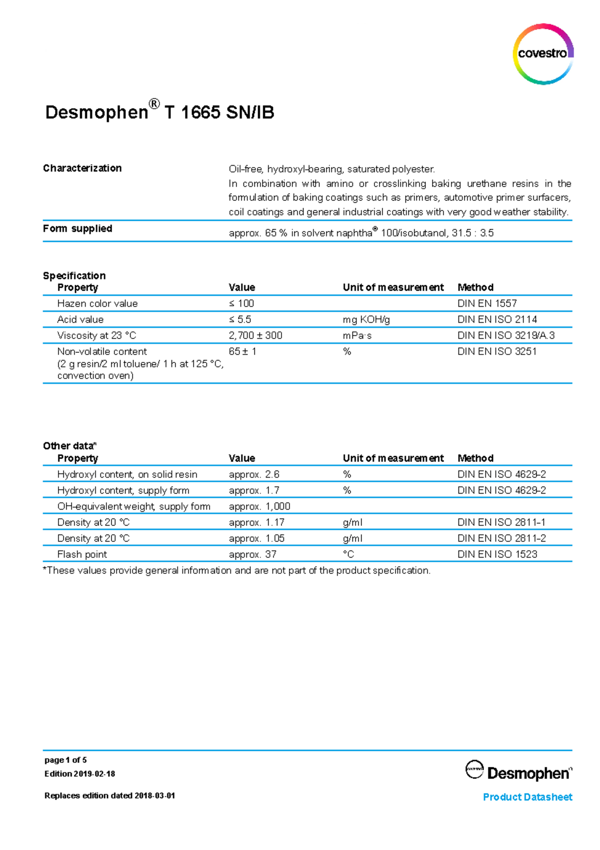 Desmophen T 1665 SN/IB Technical Data Sheet - Edition 2019-02 - Studocu