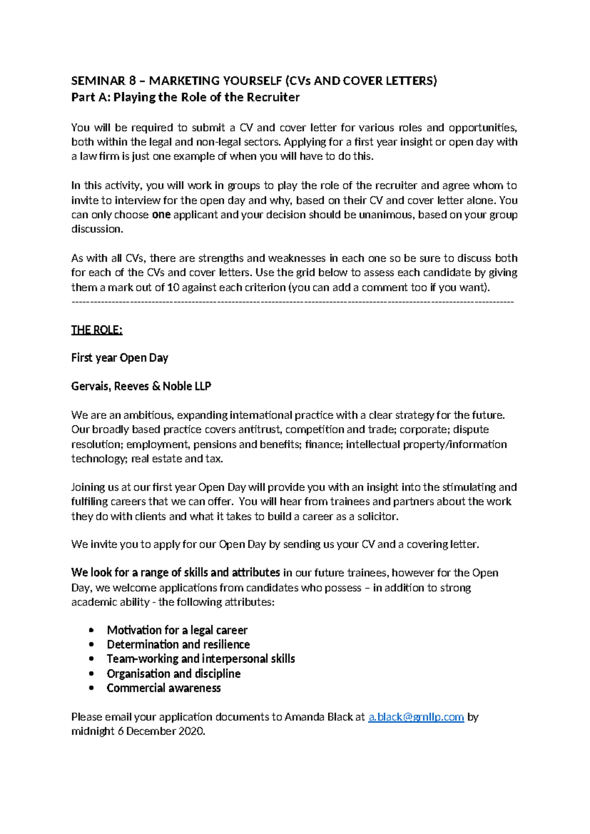 Seminar 8 - CV & Cover Letter Workshop Tasks for Marketing Yourself ...