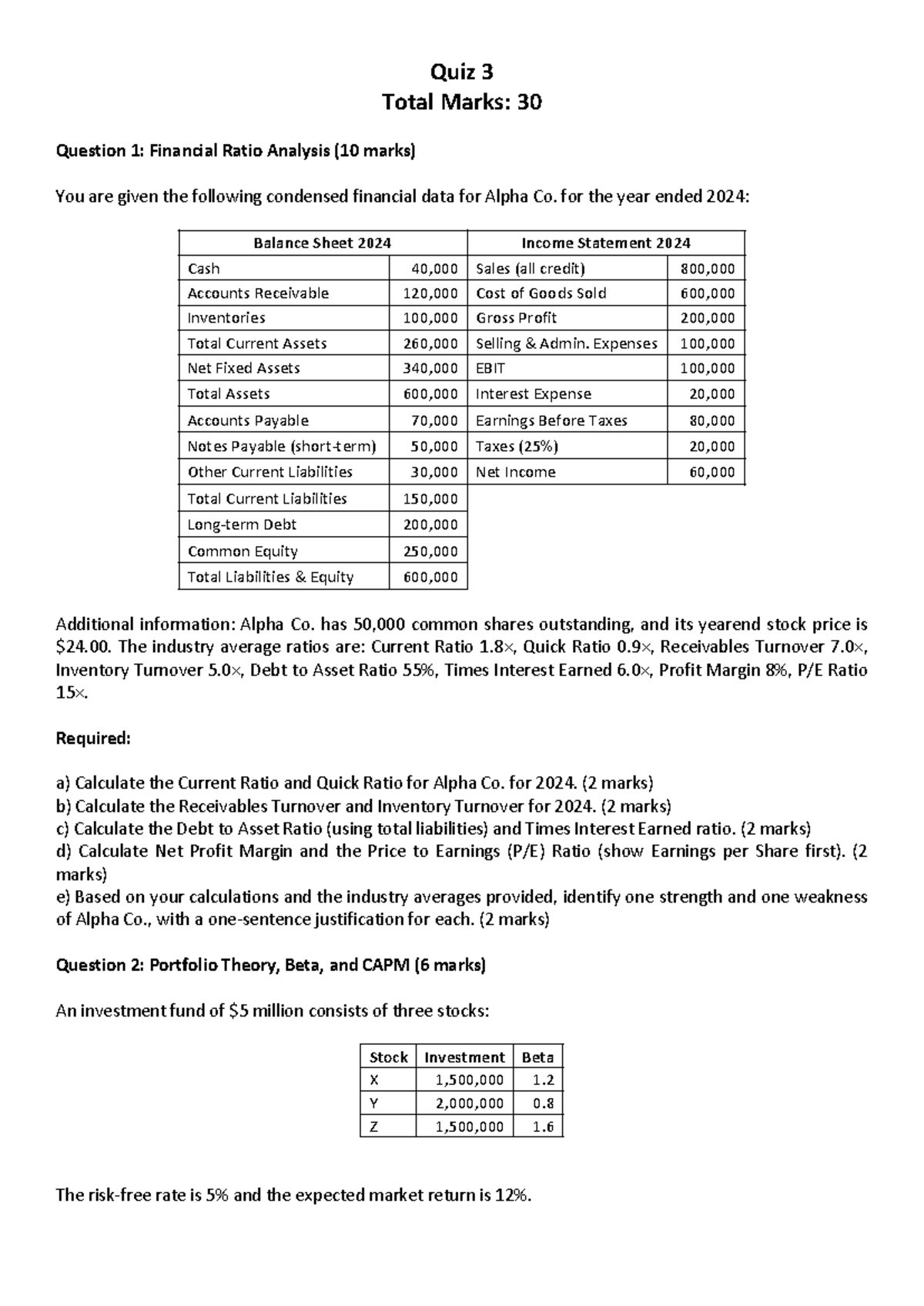 Quiz 3: Financial Ratio Analysis & Capital Budgeting Concepts - Studocu