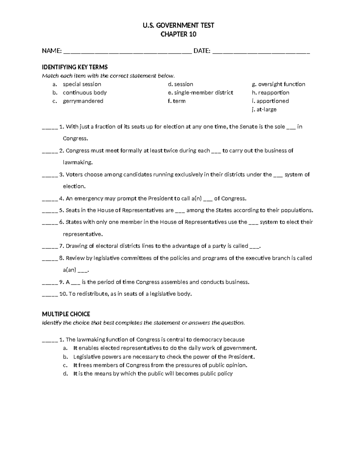 Government Chapter 10 Test Overview & Key Terms Revision - Studocu