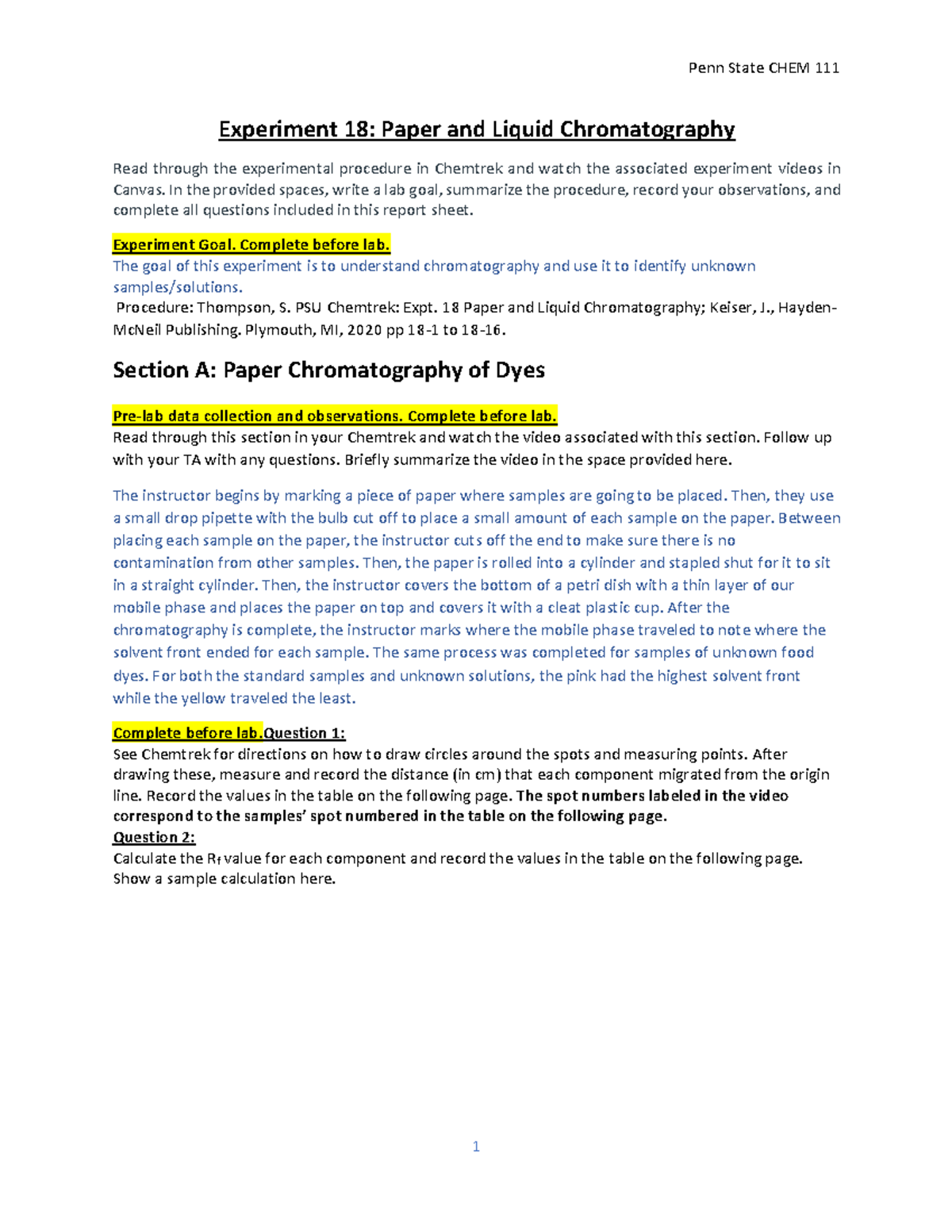 Experiment 18 Report Sheet SP21: Paper & Liquid Chromatography Pre-Lab ...