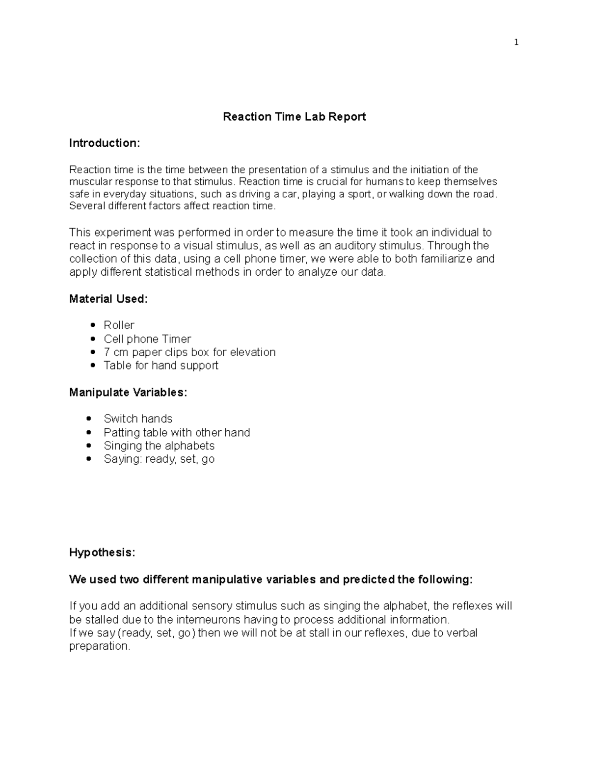 Reaction Time Lab Report (Biology 101): Experiment & Analysis - Studocu