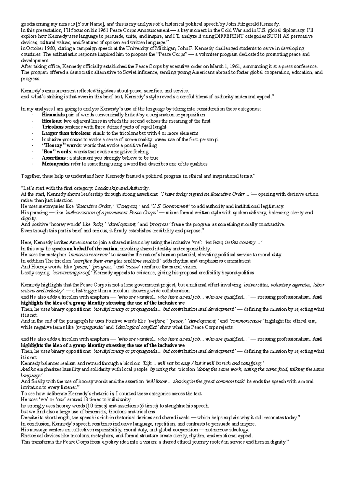 Analysis of JFK's 1961 Peace Corps Speech: Rhetoric & Persuasion (ENG ...