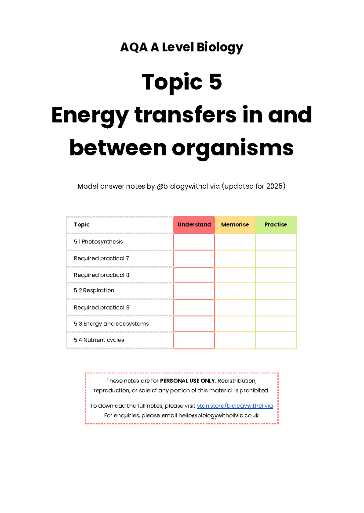 AQA A Level Biology Topic 5: Energy Transfers in Organisms (2025) - Studocu