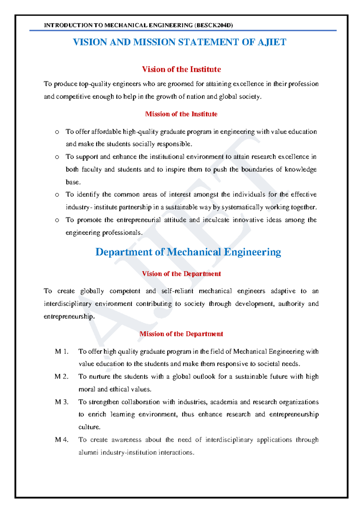 INTRODUCTION TO MECHANICAL ENGINEERING (BESCK204D) VISION & MISSION ...