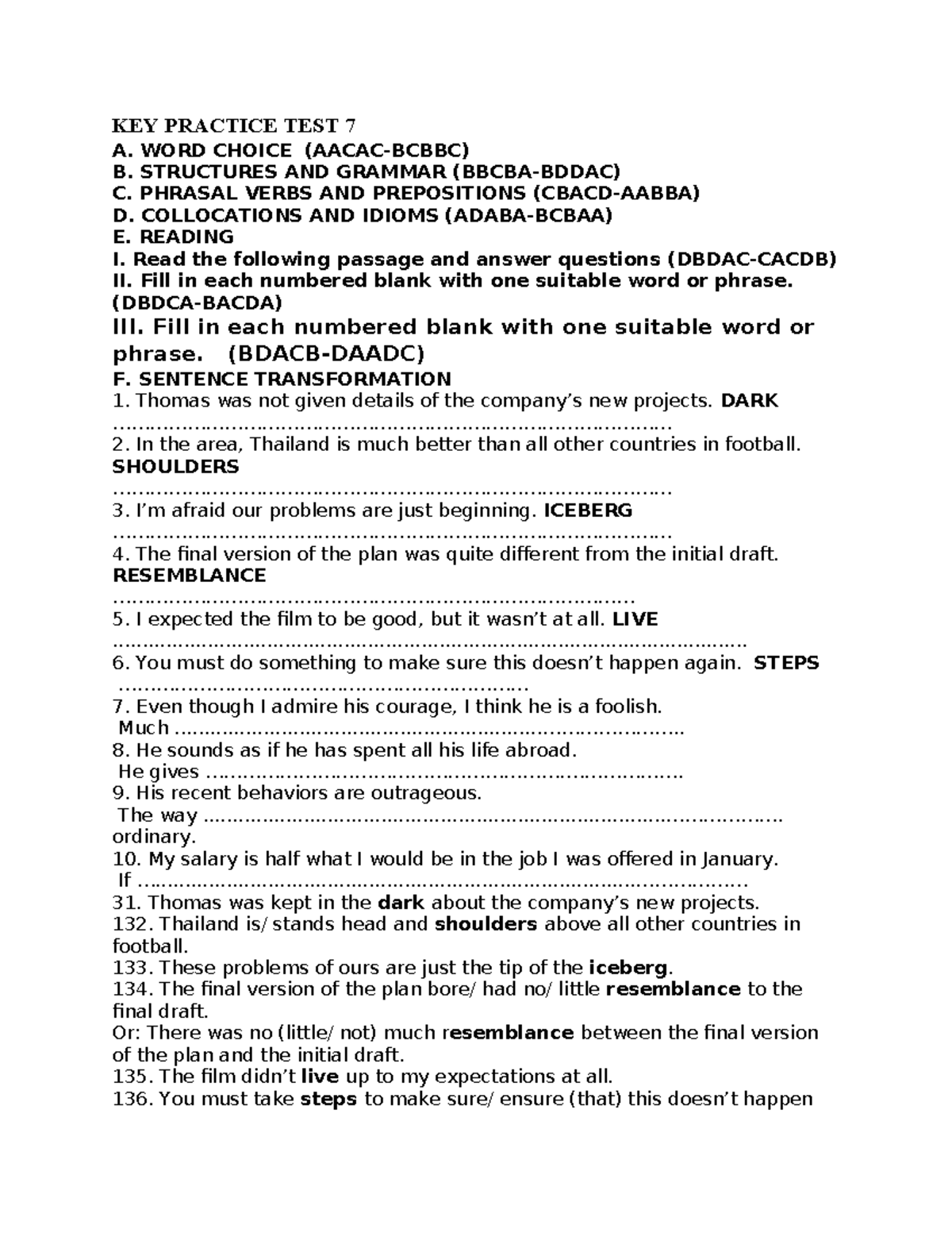 KEY Practice Test: Word Choice, Grammar, and Sentence Transformation ...