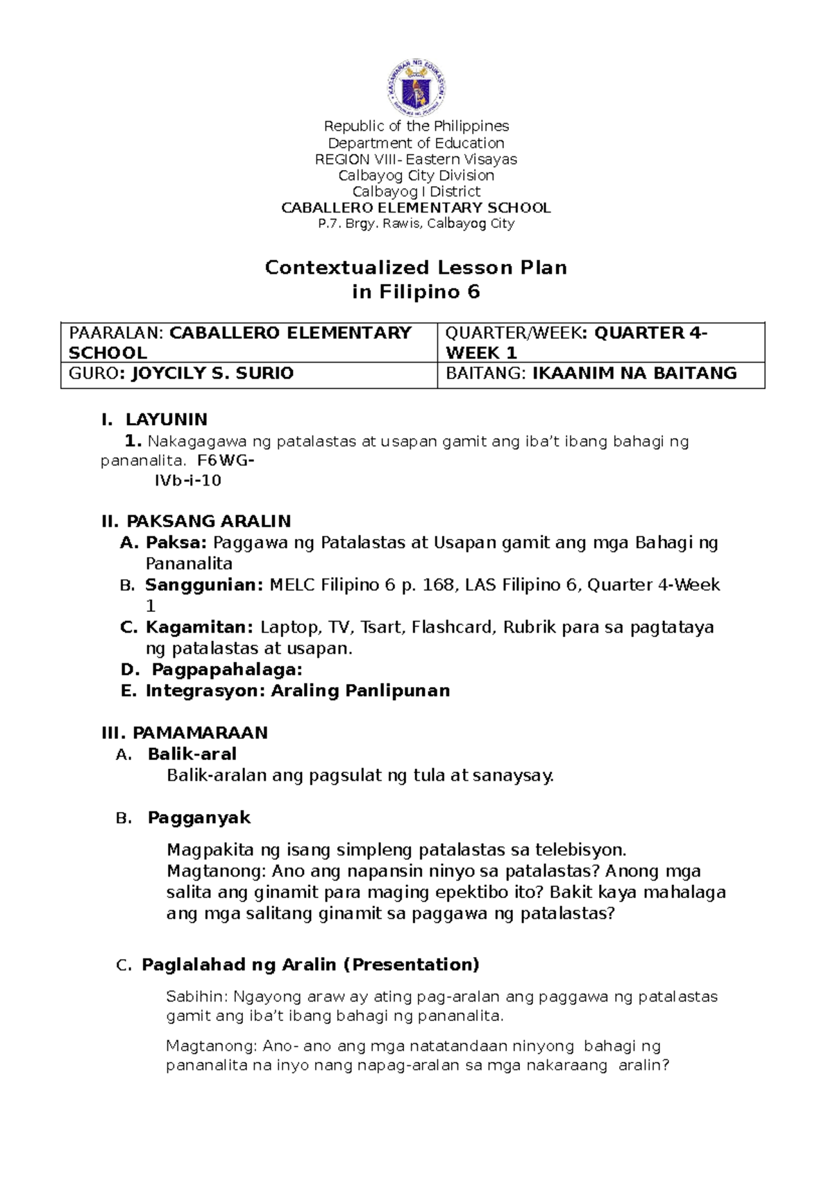 Contextualized Lesson Plan in Filipino 6: Patalastas at Usapan - Studocu